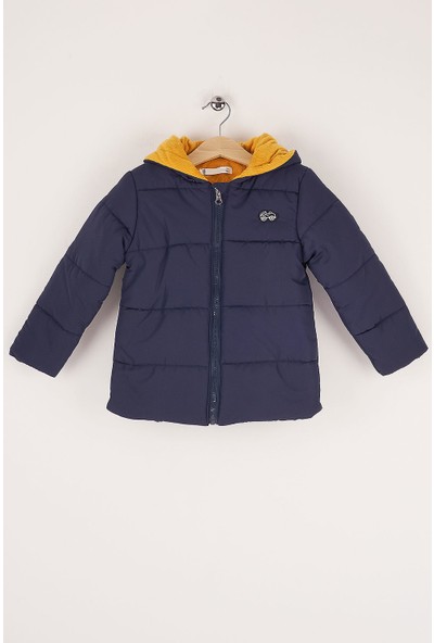 Mika Bebek Araba Armalı Erkek Bebek Lacivert Kapüşonlu Şişme Mont