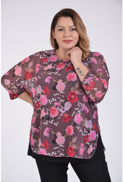 Lilas Xxl Büyük Beden Gül Kurusu Desenli Şifon Bluz