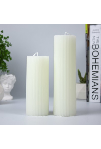 Mument Oluklu Silindir 2'li Mum Seti 15 Cm-20 cm Krem