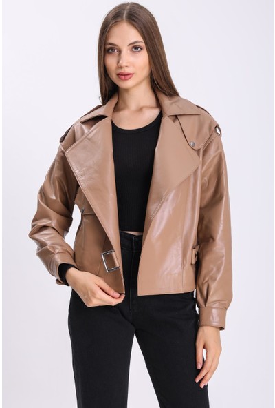 Deri Effect Kadın Oversize Açık Kahve Deri Ceket Deri Effect Kadın Oversize Açık Kahve Deri Ceket
