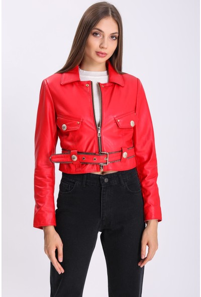 Deri Effect Kadın Kırmızı Kemerli Deri Biker Ceket