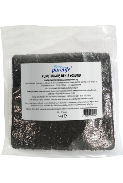 Purelife Nori Kurutulmuş Sushi Yosunu Suşi Yosunu 20'li