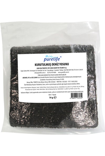 Purelife Nori Kurutulmuş Sushi Yosunu Suşi Yosunu 5 Yaprak