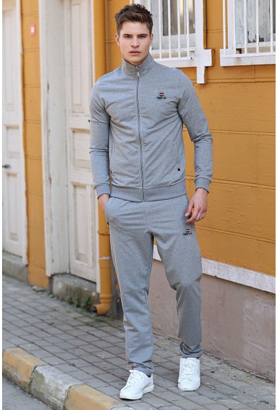 Tommy Life Yakalı Gri Melanj Erkek Eşofman Takım