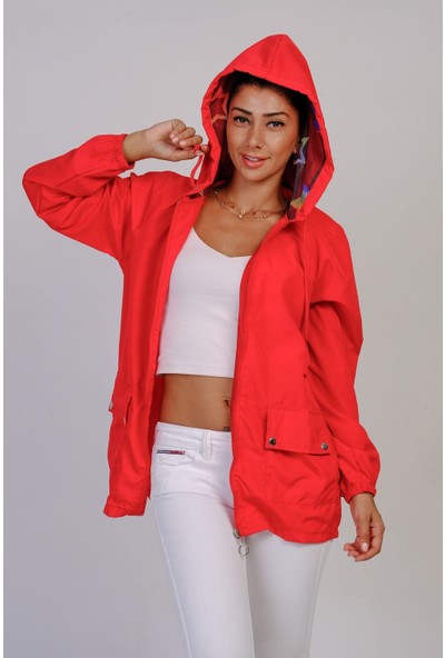 Keyifli Moda Kadın Kırmızı Yıldız Kapüşonlu Cepli Ince Yağmurluk Keyifli Moda Kadın Kırmızı Yıldız Kapüşonlu Cepli Ince Yağmurluk
