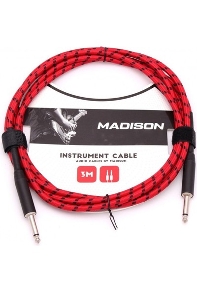 Madison Örgülü Kumaş Gitar Kablosu 3 Metre- Kırmızı Siyah Çizgili