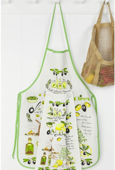 Sevilya Havlulu Mutfak Önlüğü Seti - Ekru - Yeşil