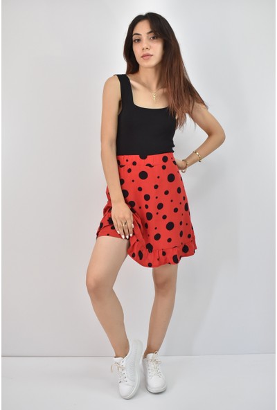 Zidan Life Zidan 273 Parçalı Desenli Şortlu Etek - Siyah-Kırmızı