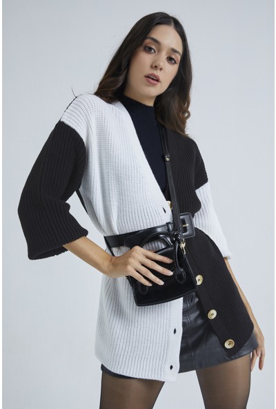 Sherin Kadın Siyah Ekru Yumuşak Dokulu V Yaka Multicolor Hırka SWC4092SE