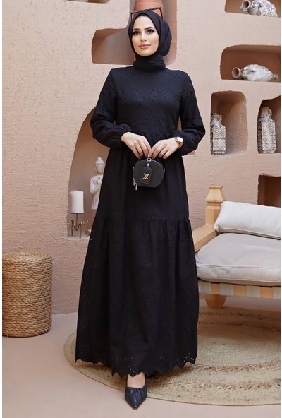 Lugmo Güpürlü Elbise Boydan Astarlı Pamuk Kumaş Siyah