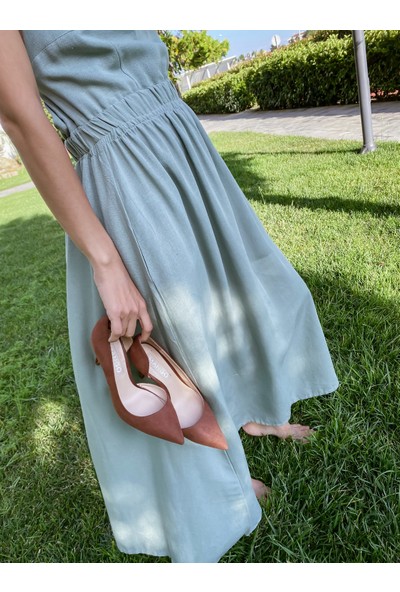 Due Lina Boutique Sırtı Çapraz Detaylı Pamuklu Elbise- Yeşil