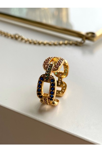 Misshing Kadın Gold Renkli Zirkon Taş Ayarlanabilir Yüzük