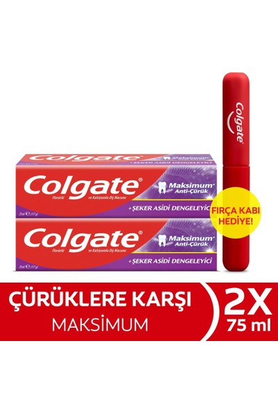 Colgate Maksimum Anti Çürük Şeker Asidi Dengeleyici Diş Macunu 75 ml x 2 Adet + Fırça Kabı Hediye Colgate Maksimum Anti Çürük Şeker Asidi Dengeleyici Diş Macunu 75 ml x 2 Adet + Fırça Kabı Hediye