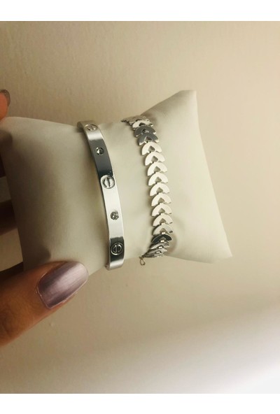 bioaksesuar Kadın Gümüş Renk Çelik Zirkon Taşlı Kombin Bileklik