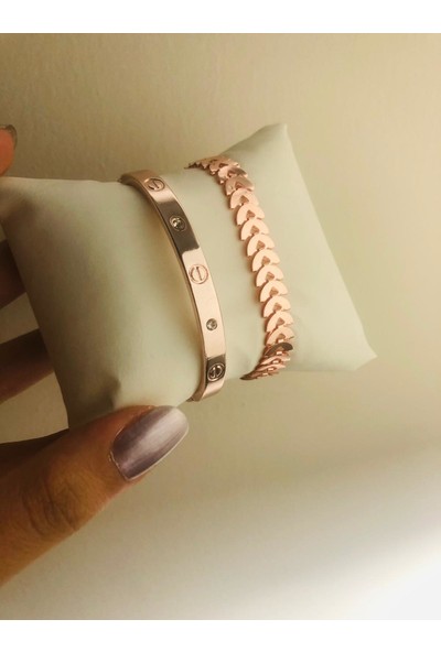bioaksesuar Kadın Rose Gold Renk Çelik Zirkon Taşlı Kombin Bileklik