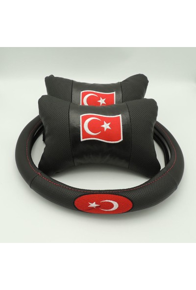Autokit Türk Bayrağı Geçmeli Kaydırmaz Direksiyon Kılıfı + Boyun Yastığı