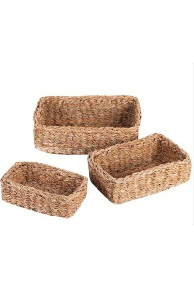Linanca Büyük Boy Dikdörtgen Doğal Hasır 3'lü Hasır Sepet, Dekoratif Sepet