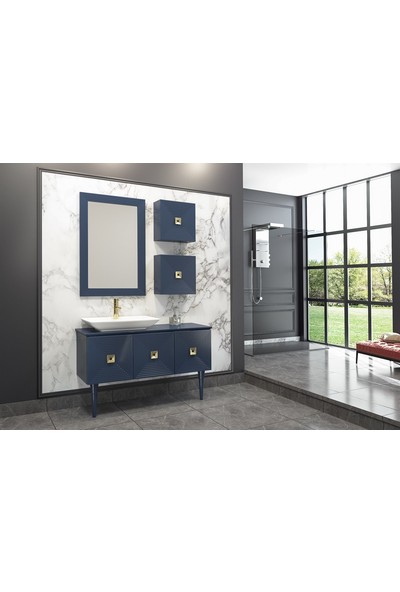 Mostar Beyaz Lavabolu Banyo Dolabı Lacivert 120 cm Mostar Beyaz Lavabolu Banyo Dolabı Lacivert 120 cm