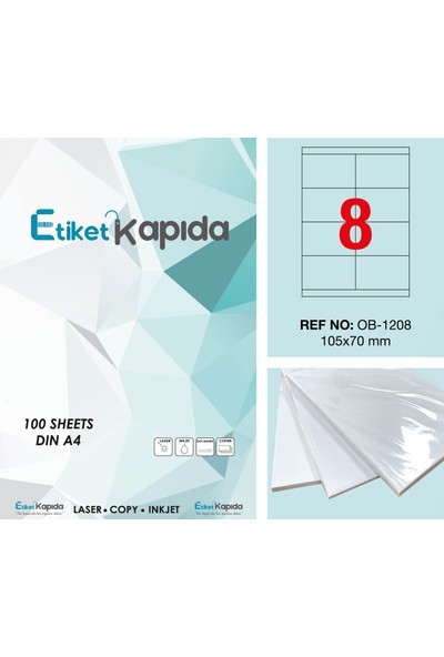 Etiket Kapıda A4 Yapışkanlı Hazır Etiket Laser Etiket 105 x 70 mm 100 Sayfa 800 Etiket