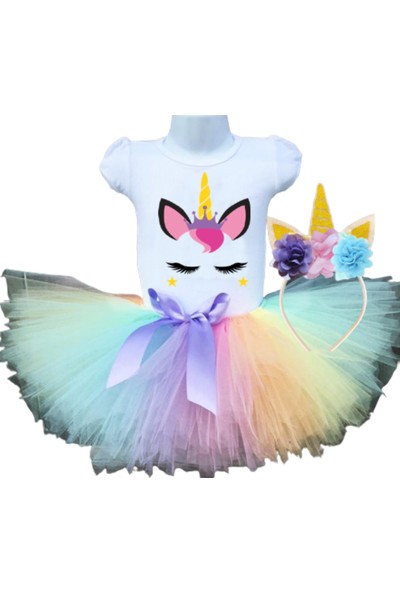 Banew Trend Bbanewtrendunicorn Taç Unicorn Tütü ve Unicorn Tişort Seti (Astarsız)