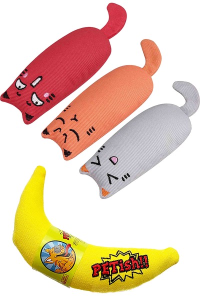 Petish 4'lü Kedi ve Muz Çıngıraklı Kedi Otlu Kedi Oyuncağı Petish 4'lü Kedi ve Muz Çıngıraklı Kedi Otlu Kedi Oyuncağı