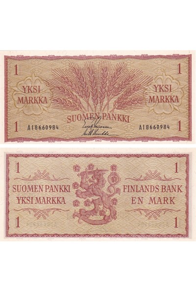 Benim Koleksiyonum Finlandiya, 1 Markka (1963) P#98 Çil Eski Yabancı Kağıt Para