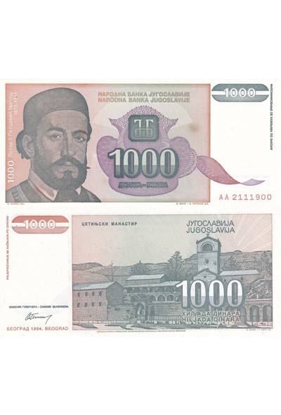Benim Koleksiyonum Yugoslavya, 1.000 Dinar (1994) P#140 Çil Eski Yabancı Kağıt Para Benim Koleksiyonum Yugoslavya, 1.000 Dinar (1994) P#140 Çil Eski Yabancı Kağıt Para