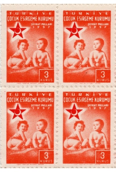 Benim Koleksiyonum 1957 Türkiye Çocuk Esirgeme Kurumu Şefkat Pulları 3 Kuruş C124 Dörtlü Blok Pul