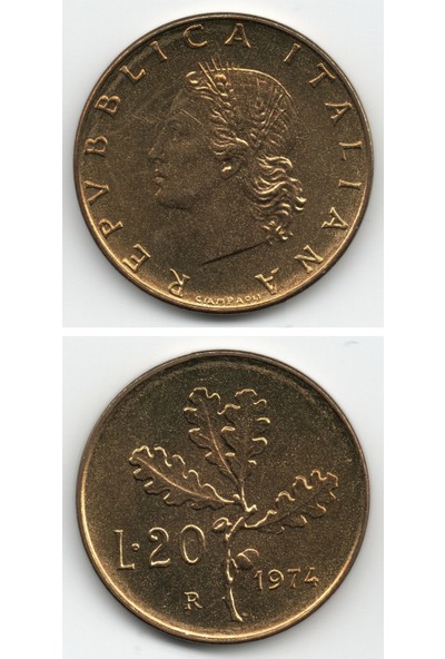 Benim Koleksiyonum Italya, 20 Lire 1974, Çil Eski Madeni Para Benim Koleksiyonum Italya, 20 Lire 1974, Çil Eski Madeni Para
