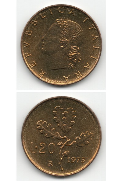 Benim Koleksiyonum Italya, 20 Lire 1975, Çil Eski Madeni Para Benim Koleksiyonum Italya, 20 Lire 1975, Çil Eski Madeni Para