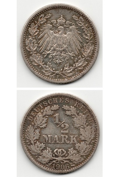 Benim Koleksiyonum Almanya, 1/2 Mark 1906 F, Ççt Gümüş Eski Madeni Para Benim Koleksiyonum Almanya, 1/2 Mark 1906 F, Ççt Gümüş Eski Madeni Para