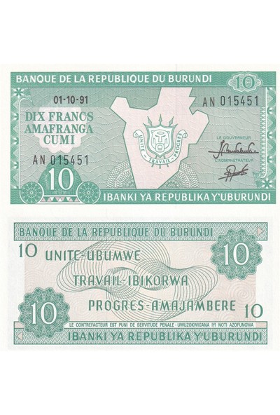 Benim Koleksiyonum Burundi, 10 Frank (1991) P#33B Çil Eski Yabancı Kağıt Para