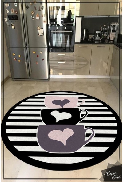 Cappio Halı Siyah Beyaz Çizgili Fincan Desenli Yuvarlak Mutfak Halısı (Makinede Yıkanabilir)