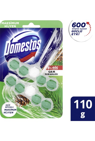 Domestos WC Blok 5'li Güç Çam Ferahlığı 600 Sifona Kadar Güçlü Temizlik 110 GR İkili Paket