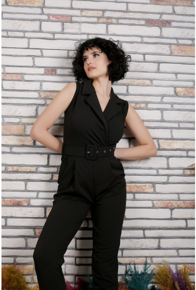 Rosa Montana Kadın Pudra Kruvaze Yaka Kemerli Kolsuz Cepli Tulum