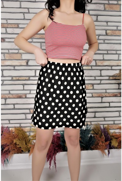 Rosa Montana Kadın Siyah Puantiye Desen Diz Üstü Beli Lastikli Crep Etek