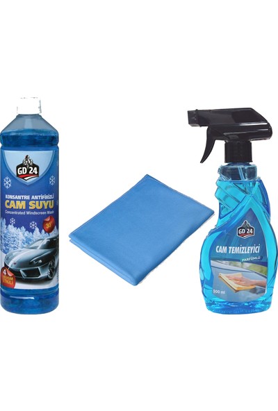 GD24 Cam Temizleme Spreyi ve Antifrizli Cam Suyu ve Cam Bezi Set