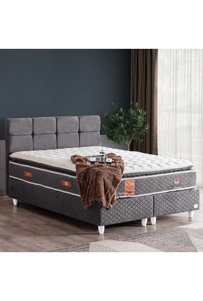 Cesur Gümüş Çift Kişilik Baza Başlık Premium Lüx Yatak Seti, Antrasit