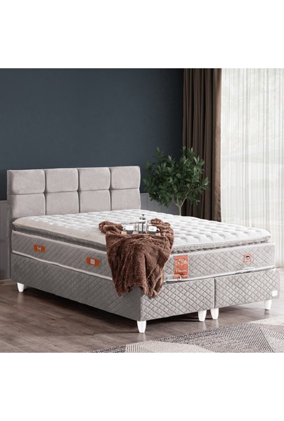 Cesur Gümüş Çift Kişilik Baza Başlık Premium Lüx Yatak Seti, Açık Gri