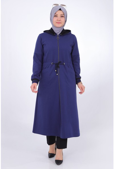 Kombinal Kadın Mavi Kapüşon ve Ribana Detaylı Tesettür Büyük Beden KAP-782