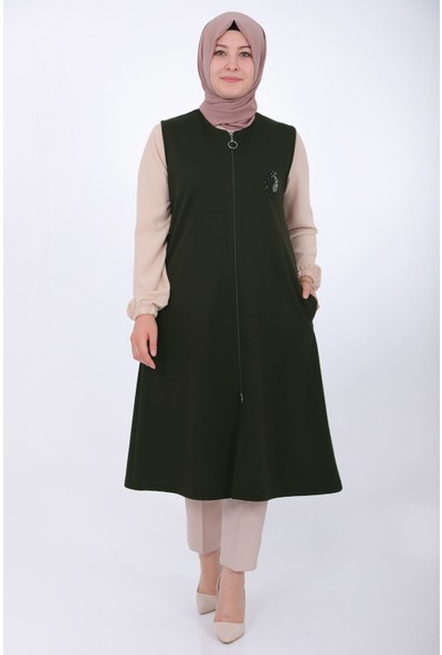 Kombinal Kadın Haki Fermuarlı Tesettür Büyük Beden YELEK-0642