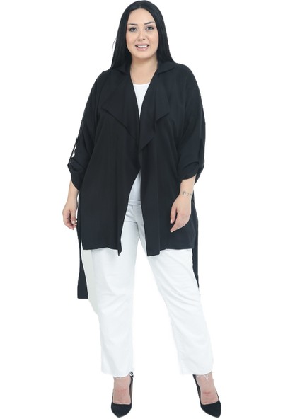 Disentis Modest Büyük Beden Mono Yaka Kendinden Kuşaklı Yandan Cepli Katlamalı Düşük Kollu Siyah Ceket