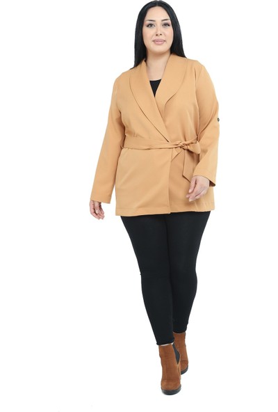 Disentis Modest Büyük Beden Şal Yaka Kendinden Kuşaklı Katlamalı Kollu Camel Ceket