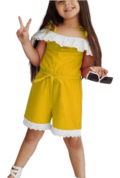 Cinarium Kız Çocuk Güpür Detaylı Yazlık Şort Tulum - Sarı - 2-3 Yaş Cinarium Kız Çocuk Güpür Detaylı Yazlık Şort Tulum - Sarı - 2-3 Yaş