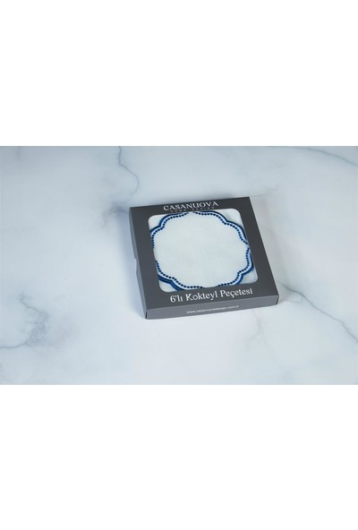 Caka Home 6'lı Kokteyl Peçetesi Nakışlı Oymalı Keten Efektli Lacivert Renkli