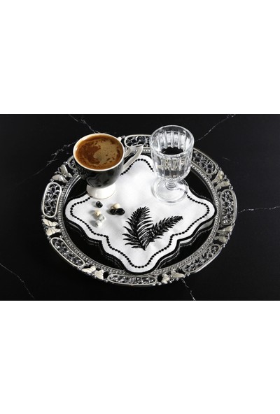 Caka Home 6 Li Kokteyl Peçete Yaprak Nakışlı Keten Efektli