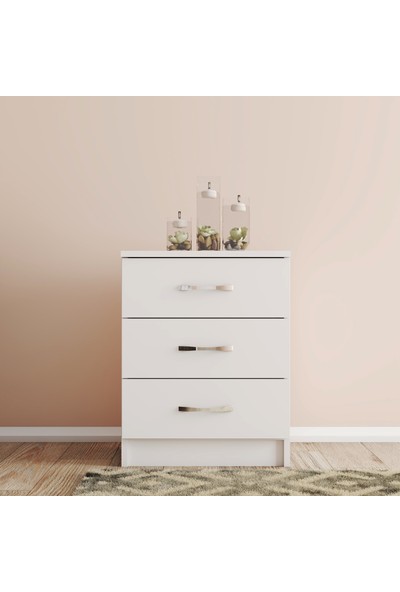 Moxen Mobilya Beyaz 3 Çekmeceli Komodin
