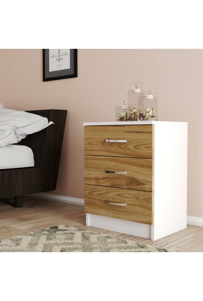 Moxen Mobilya Beyaz-Ceviz 3 Çekmeceli Komodin