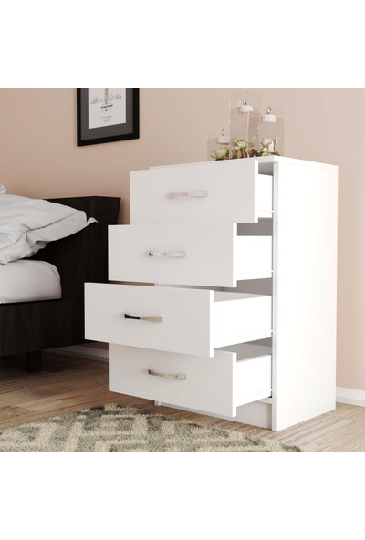 Moxen Mobilya Beyaz 4 Çekmeceli Komodin