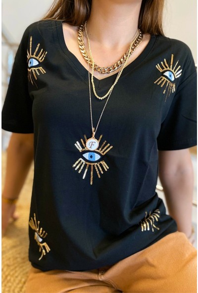 Furkan Exclusive Kadın Siyah Göz Desenli Pul ve Nakış Işlemeli Pamuklu